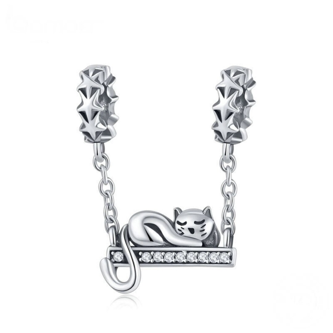 Sterling Silver Cat Charm With CZ, Silver Cat Dangle Charm Fits Pandora ...