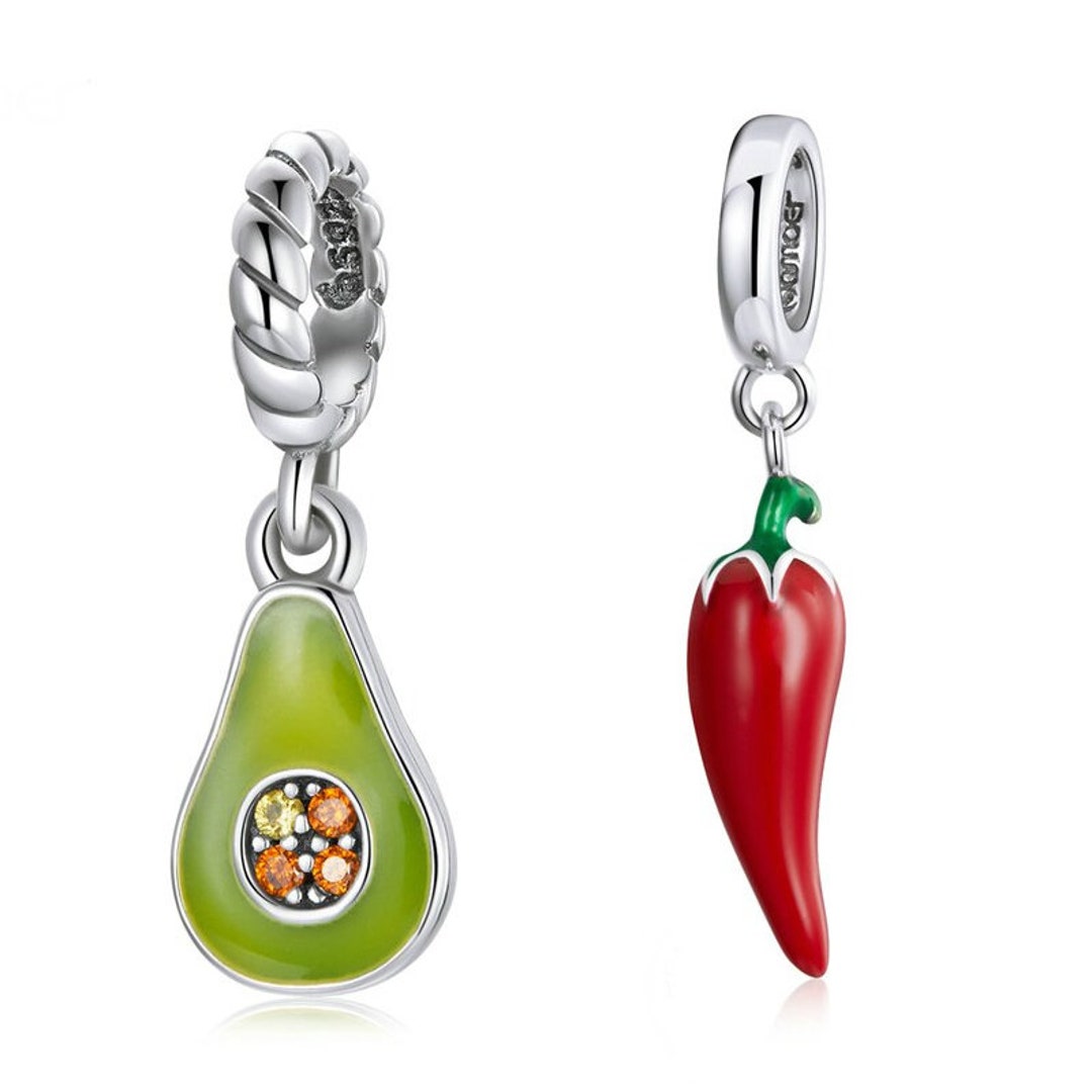 Sterling Silver Red Chili Pepper Charm & Avocado Charm Fits Pandora ...