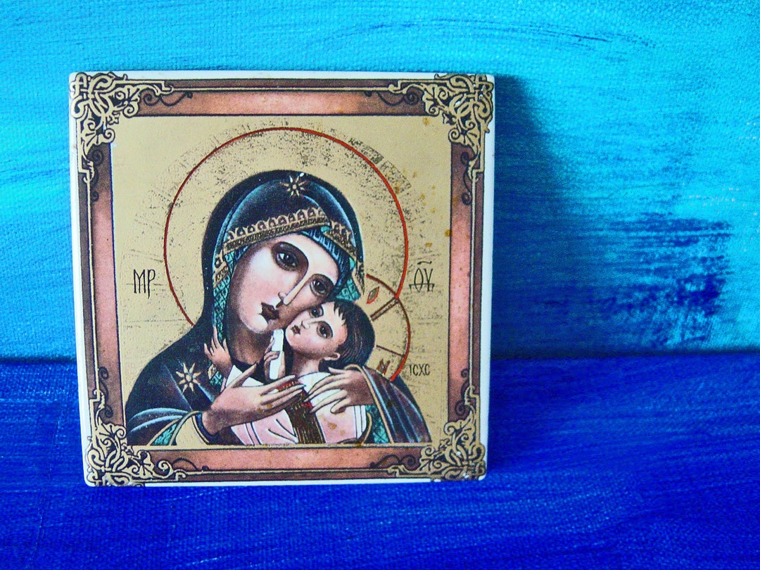 Vintage Tile Holy Madonna, Mother With Child, Gold Colored Details ...