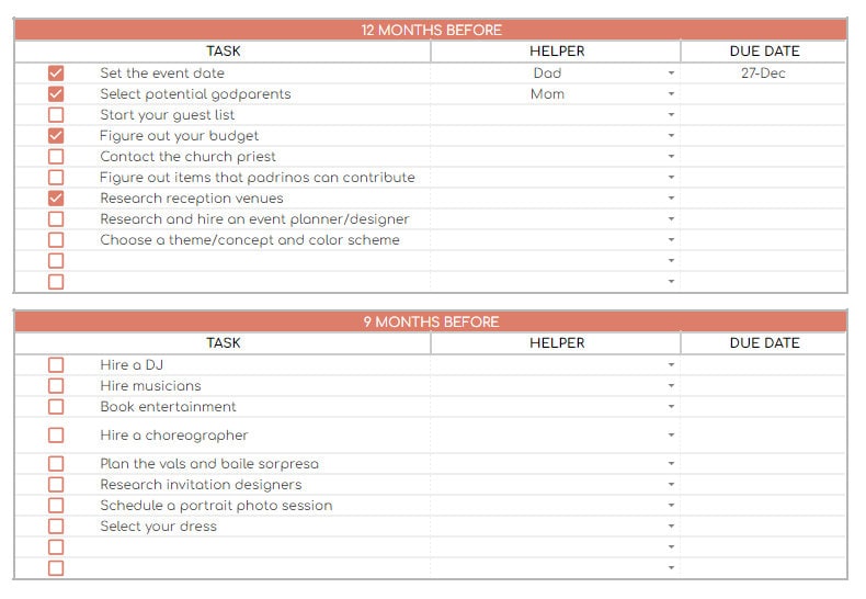 Quinceañera Planner Spreadsheet Budget Guest List Seating Chart Digital ...