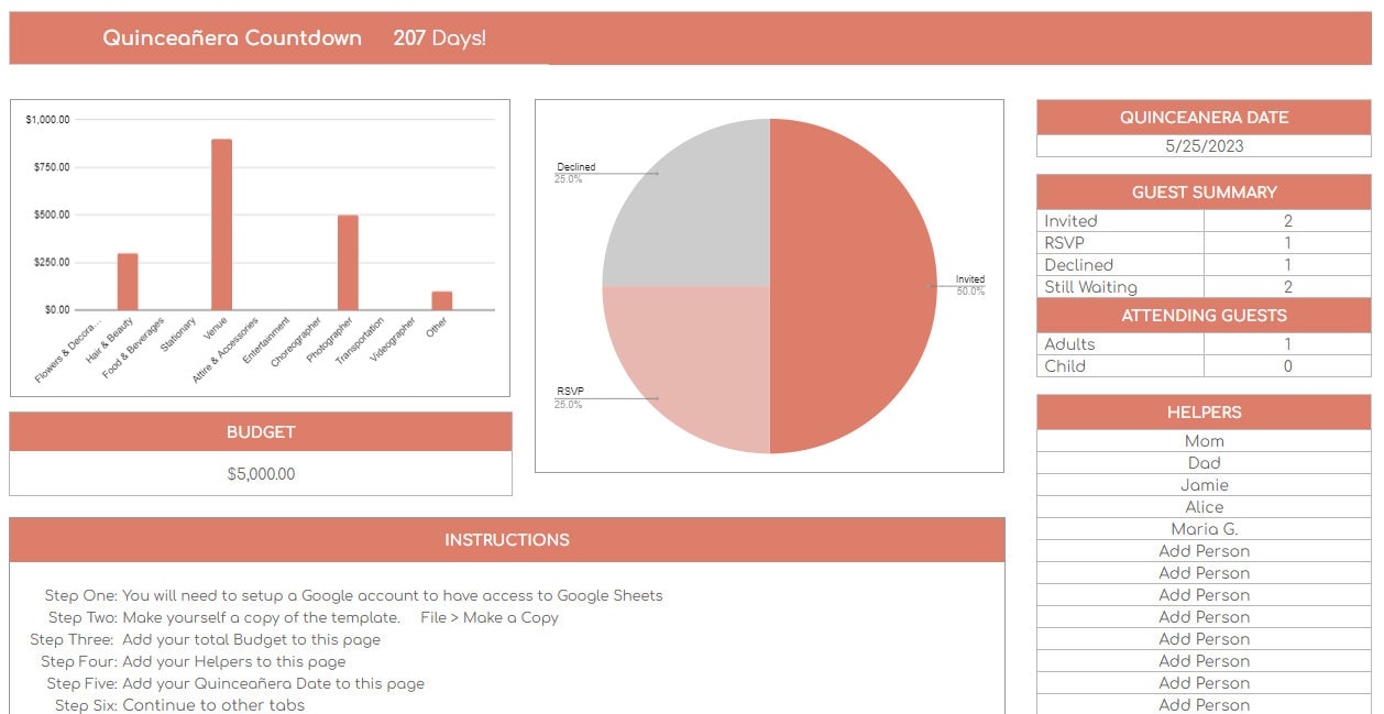 Quinceañera Planner Spreadsheet: Budget, Guest List, Seating Chart ...