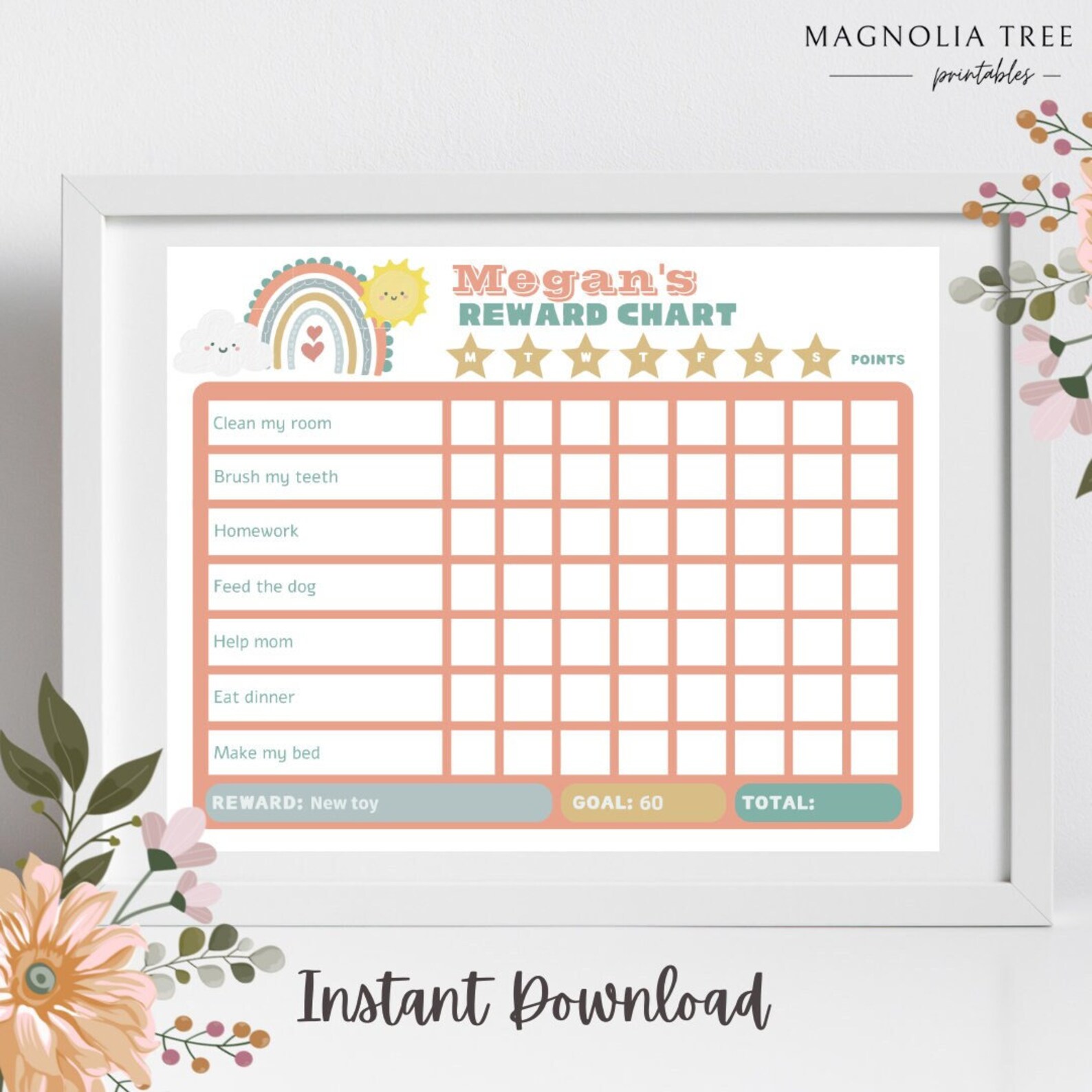 Editable Rainbow Reward Chart Pink Rainbow Daily Chore - Etsy