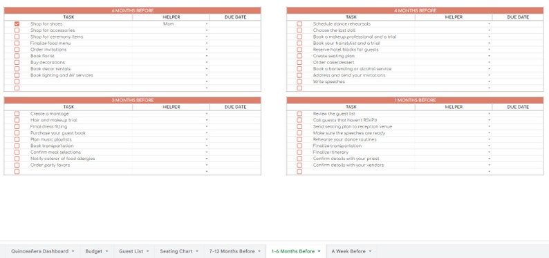 Quinceañera Planner Spreadsheet: Budget, Guest List, Seating Chart ...