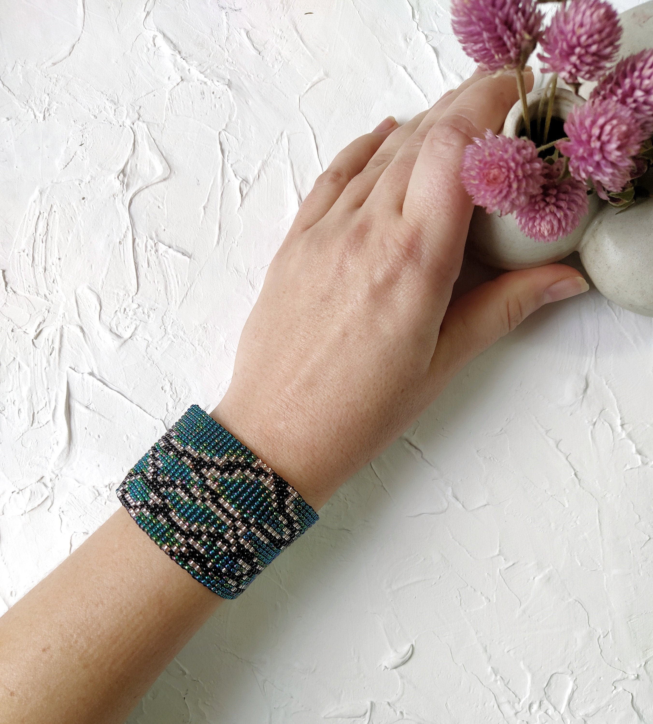 Wide Green Beaded Bracelet Snake Print Green Snake Bracelet - Etsy