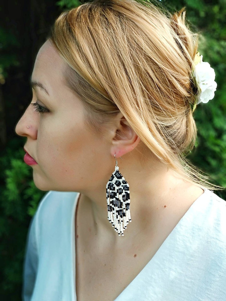 Seed Bead Earrings With Leopard Print, Bohemian Beaded Earrings, Fringe ...