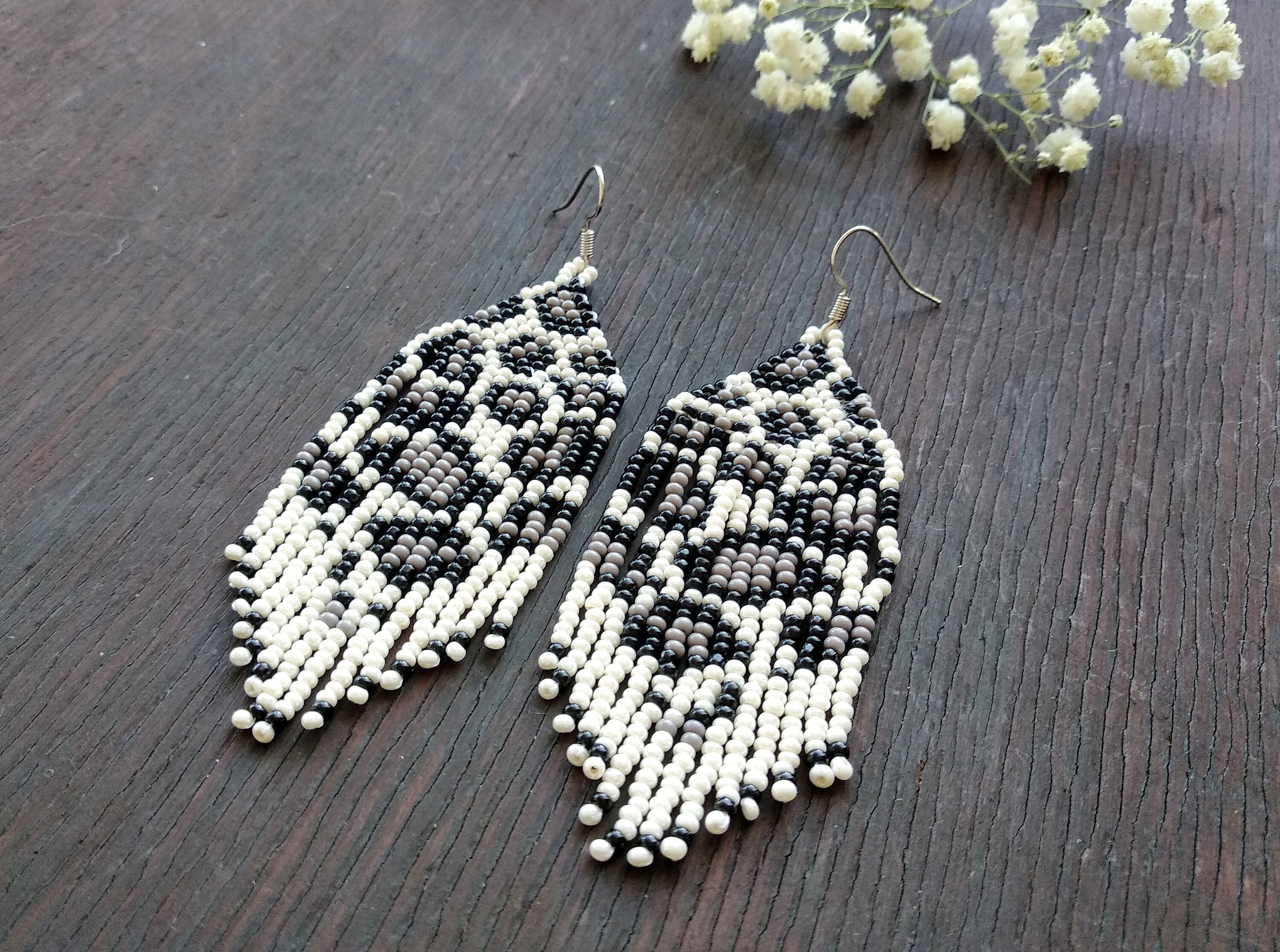 Seed Bead Earrings With Leopard Print, Bohemian Beaded Earrings, Fringe ...