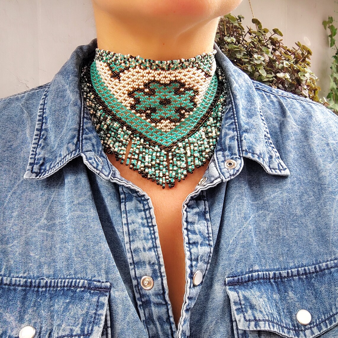 Beaded Scarf Necklace, Fringe Beaded Choker - Etsy