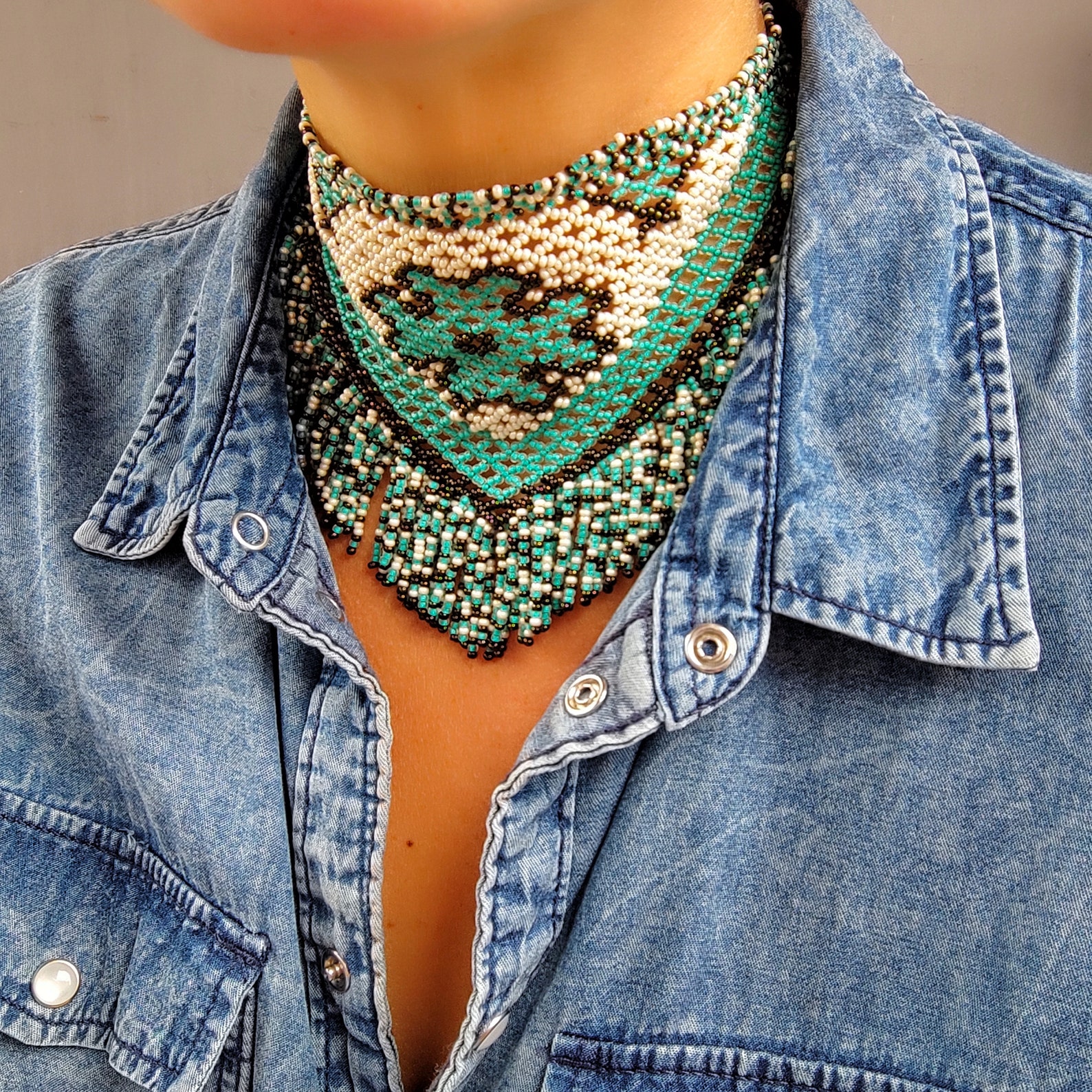 Beaded Scarf Necklace, Fringe Beaded Choker - Etsy