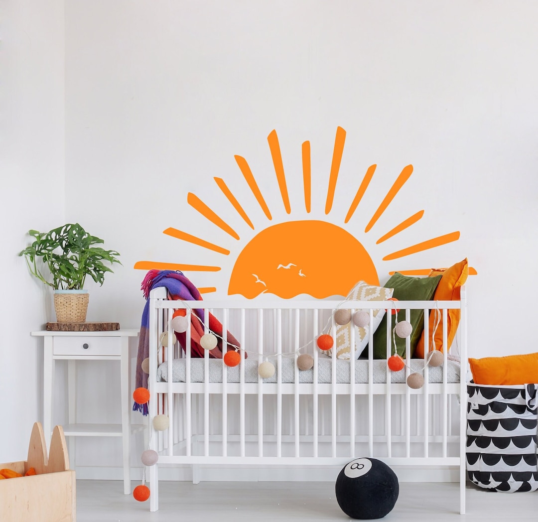 Sun Wall Decal Sunset, Boho Half Sun Wall Sticker, Large Rising Sun ...