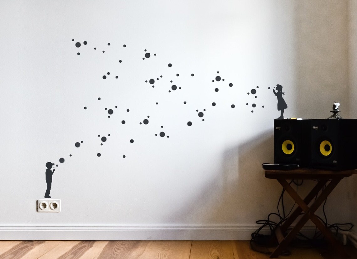Dot Wall Decal BUBBLE BOY & GIRL With 130 Soap Bubble Dot Wall Stickers ...