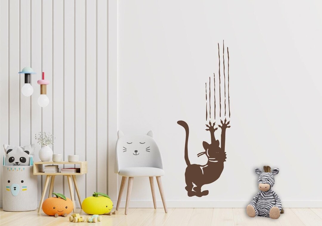 Funny Cat Wall Art Decal Kitty Plays and Scratched Wallpaper Cat Lovers ...