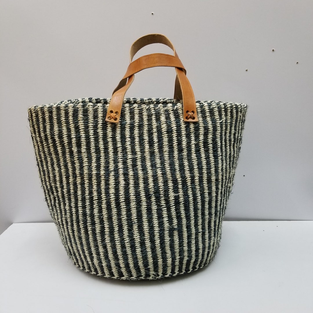 African Woven Sisal Basket, Handwoven Market Basket Leather Handles ...