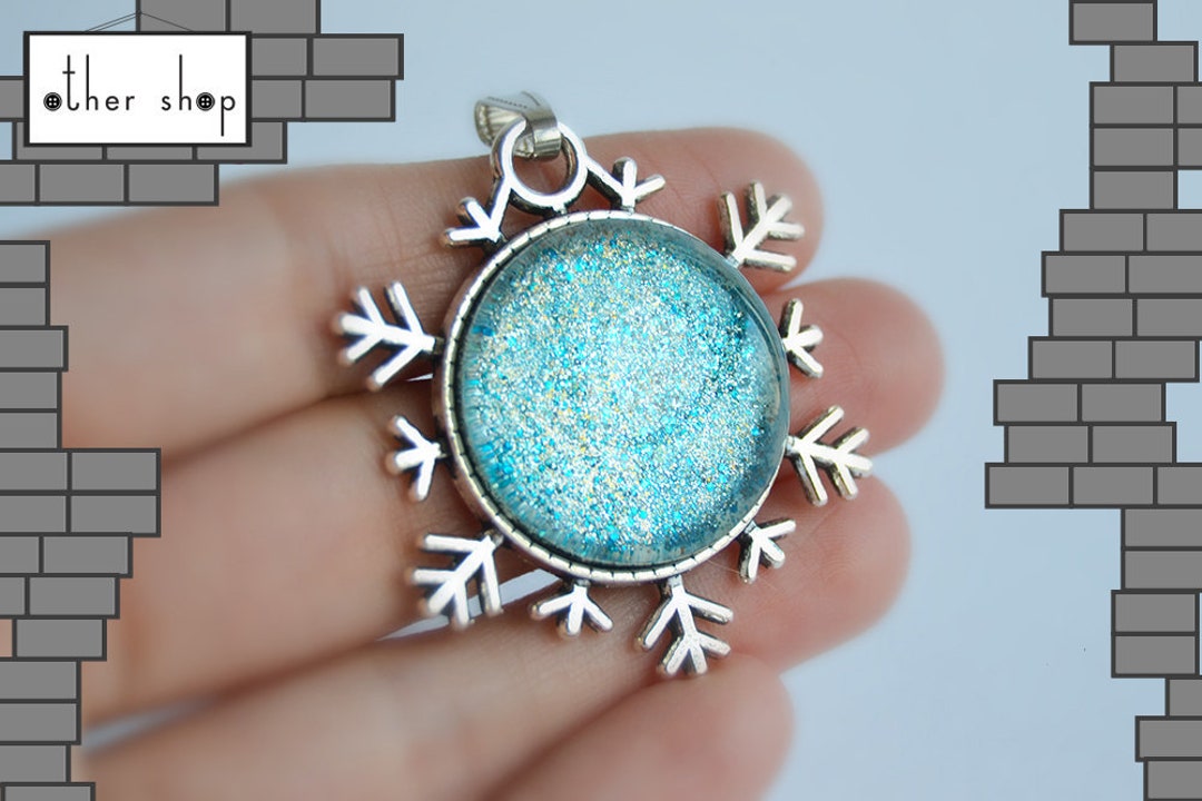 Frozen Snowflake Ice Queen Pendant Necklace Glittery Glass Jewel Fairy ...
