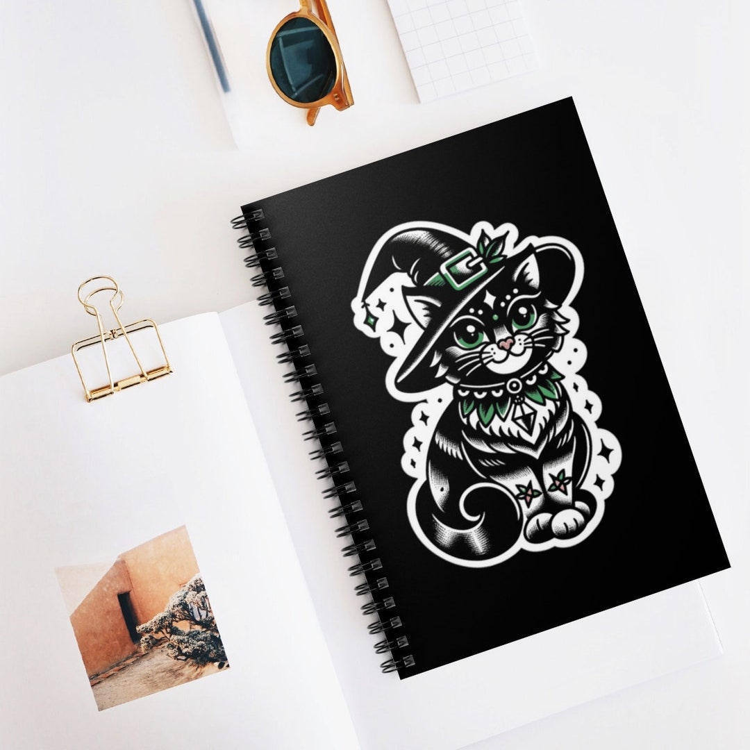 Witch Cat Tattoo Flash Spiral Notebook - Ruled Line, Spooky, Halloween ...
