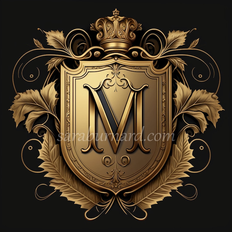 Letter M Digital Download - With Crown on Black Background Crest Emblem ...