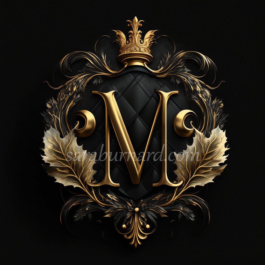 Letter M Digital Download - With Crown on Black Background Crest Emblem ...