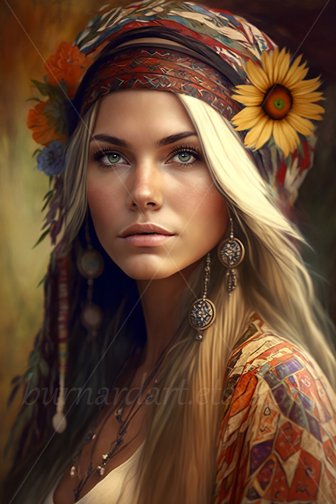 Boho Hippie Woman Digital Download Bohemian Flowers Headbands Beads AI ...