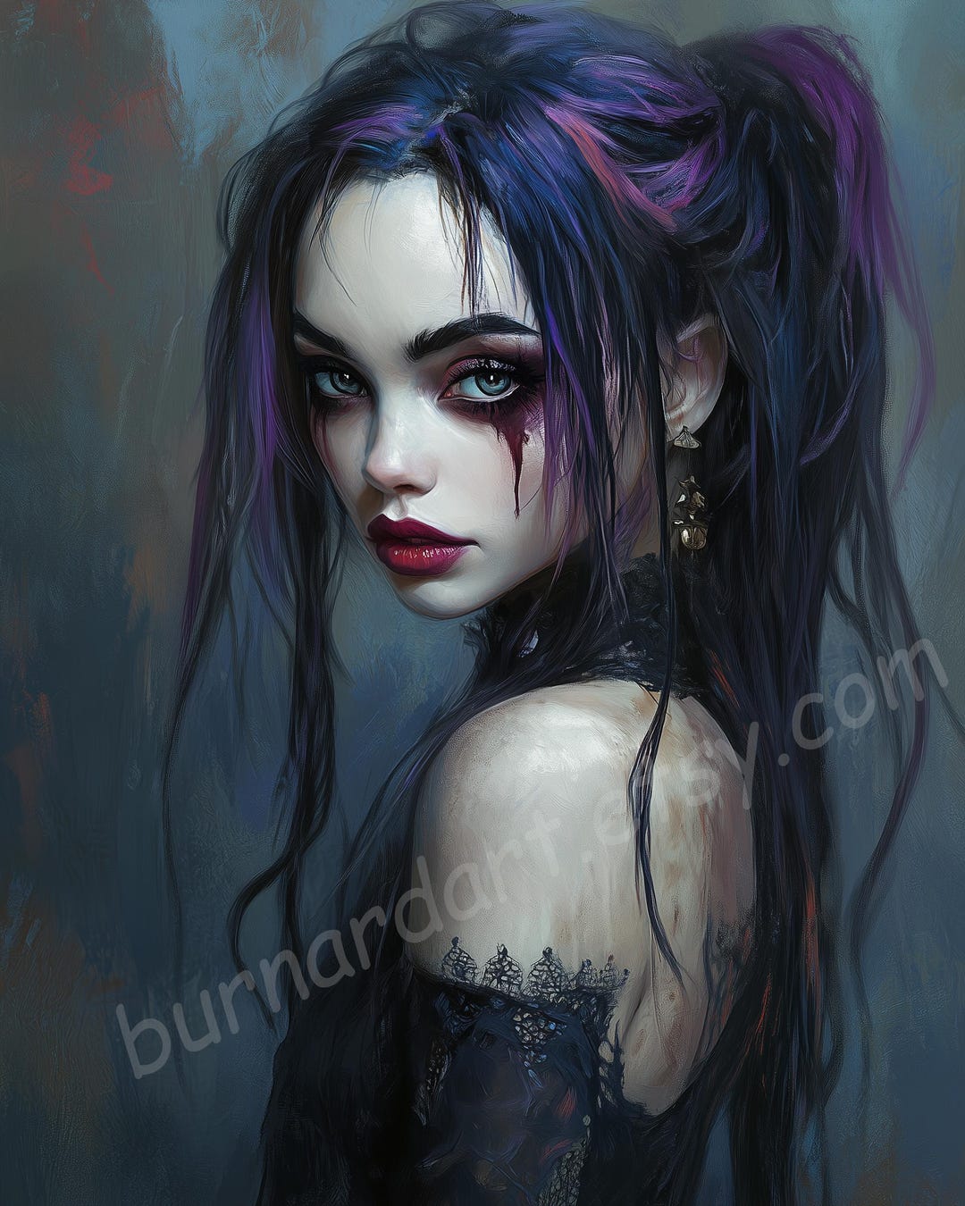 Badass Goth Punk Rocker Girl - Digital Art Print Download - Purple Hair ...