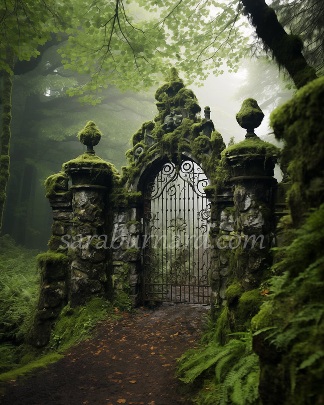 Iron Gate and Mossy Stone Wall - Digital Download - Fantasy Forest ...