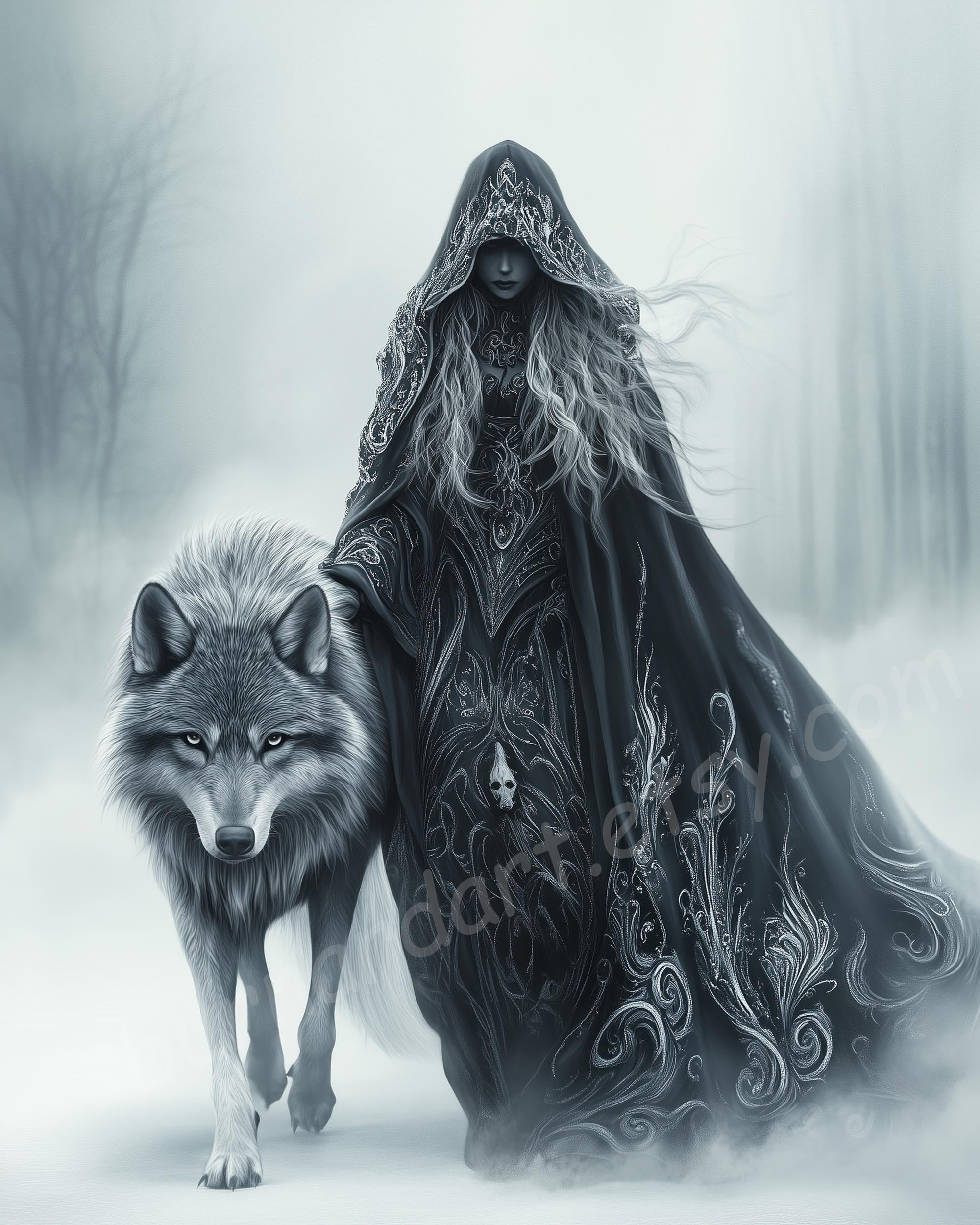 Sage Mystic With a Wolf - Digital Print Download + Animated GIF - Dark ...