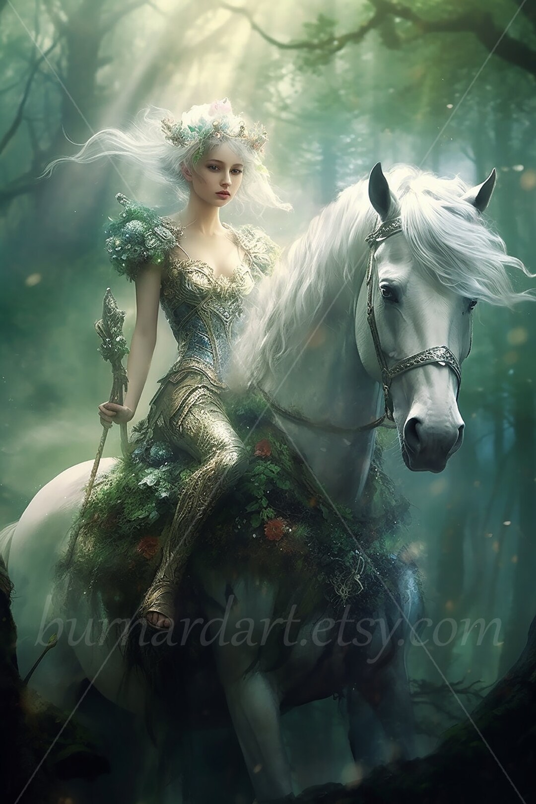 Forest Pixie Digital Download Pixie on a White Horse in Lush Green ...