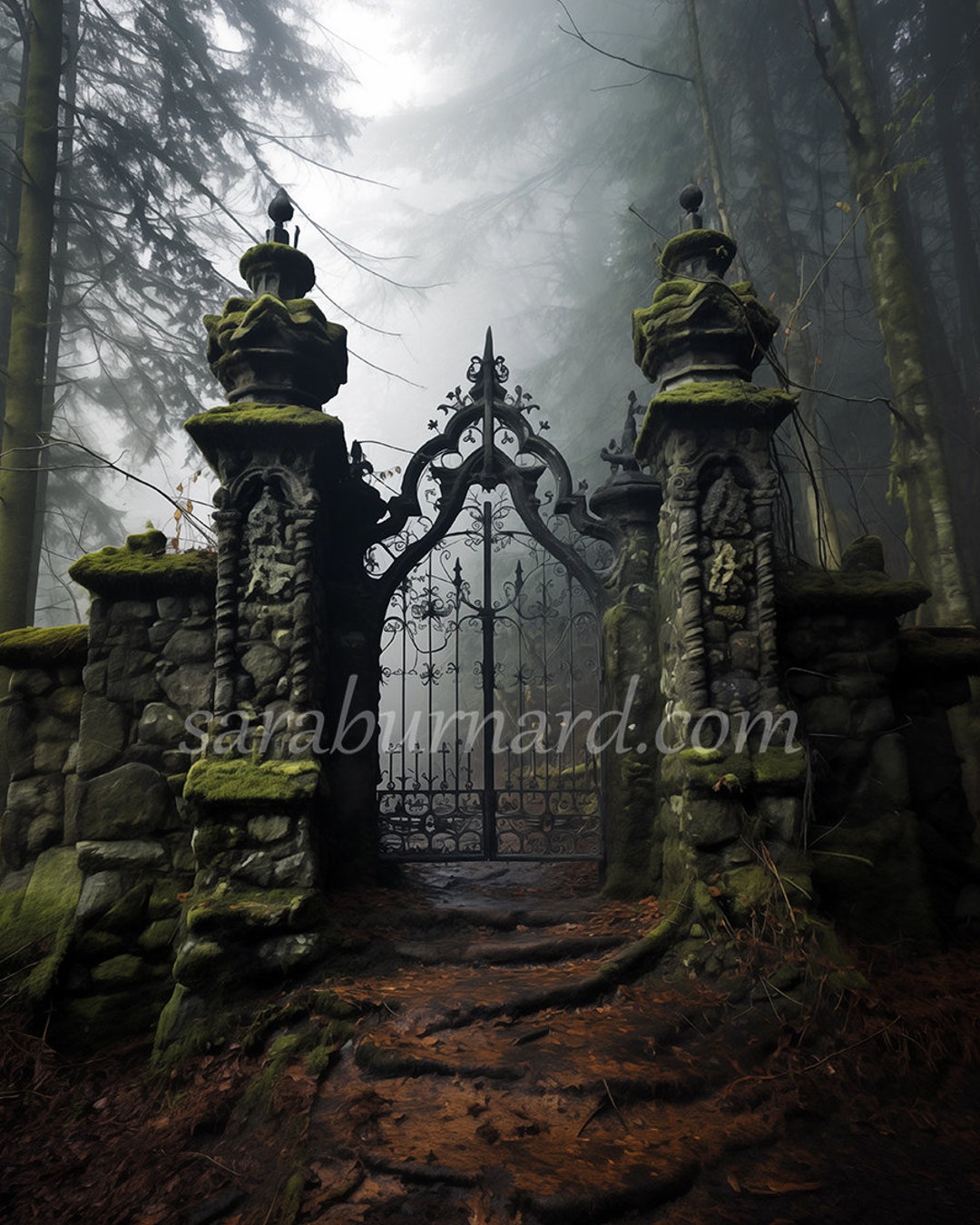 Iron Gate and Mossy Stone Wall Digital Download Fantasy Forest Gates ...
