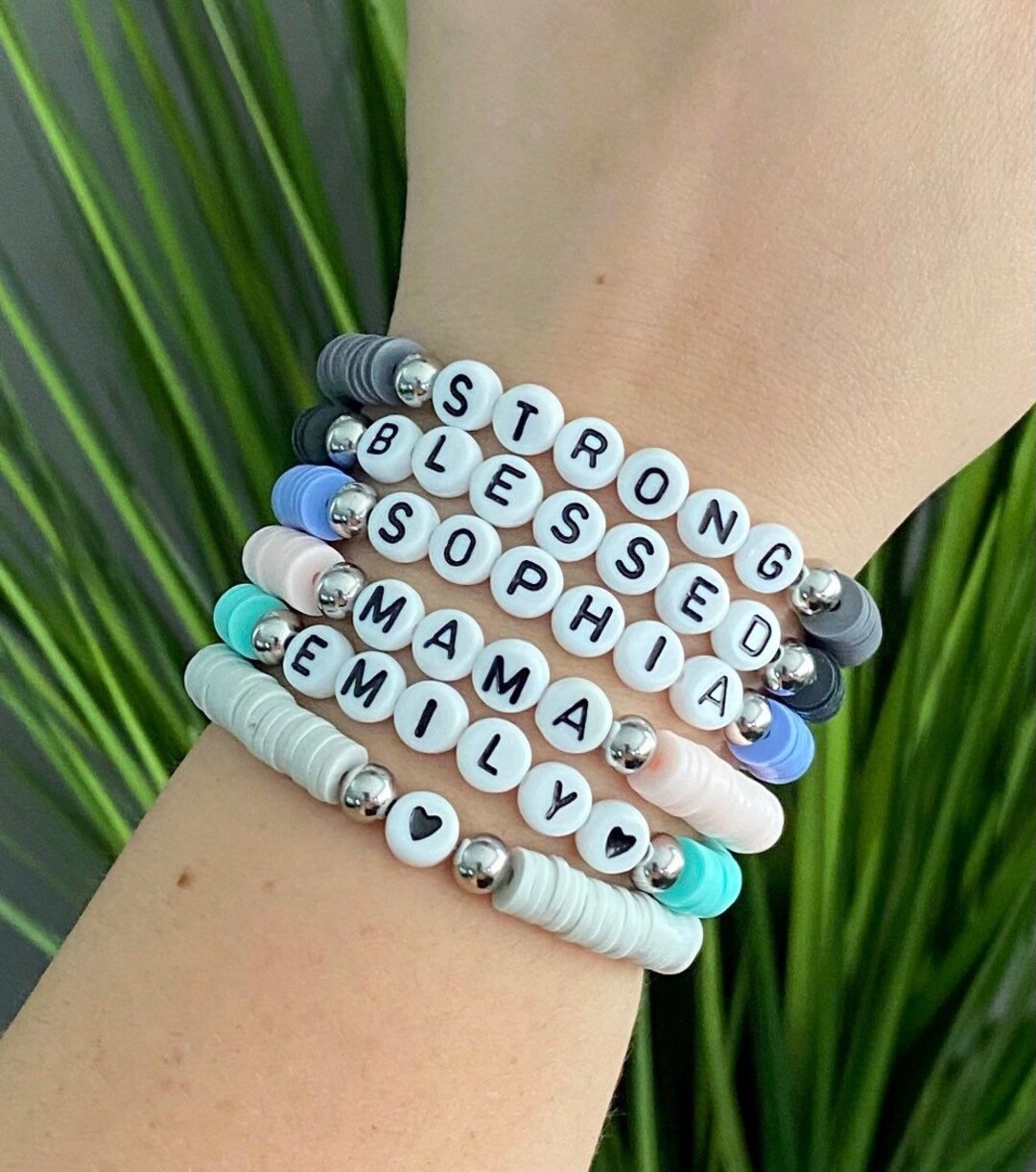 Silver Accents Bracelet Custom Heishi Beaded Bracelet Personalized Name
