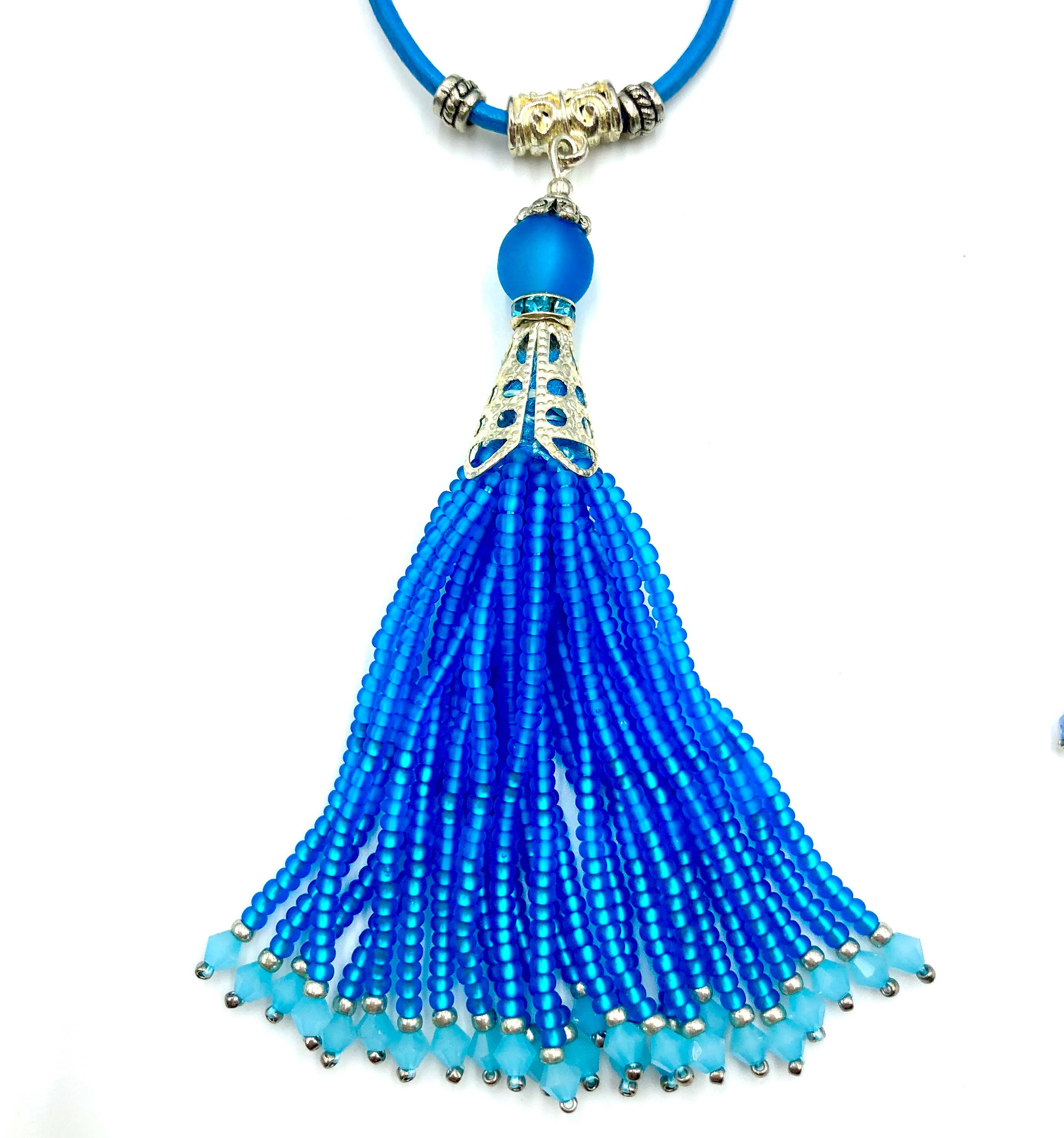 Blue Beaded Tassel Necklace Casual Long Necklace On A Leather Rope Etsy Uk