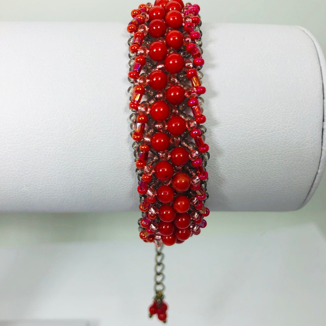Beaded Red Coral Cuff Bracelet, Gemstone Bracelet, Christmas Jewellery ...
