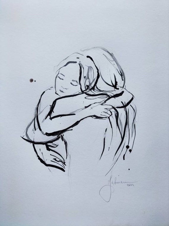 Mom Hugging Daughter In Drawing