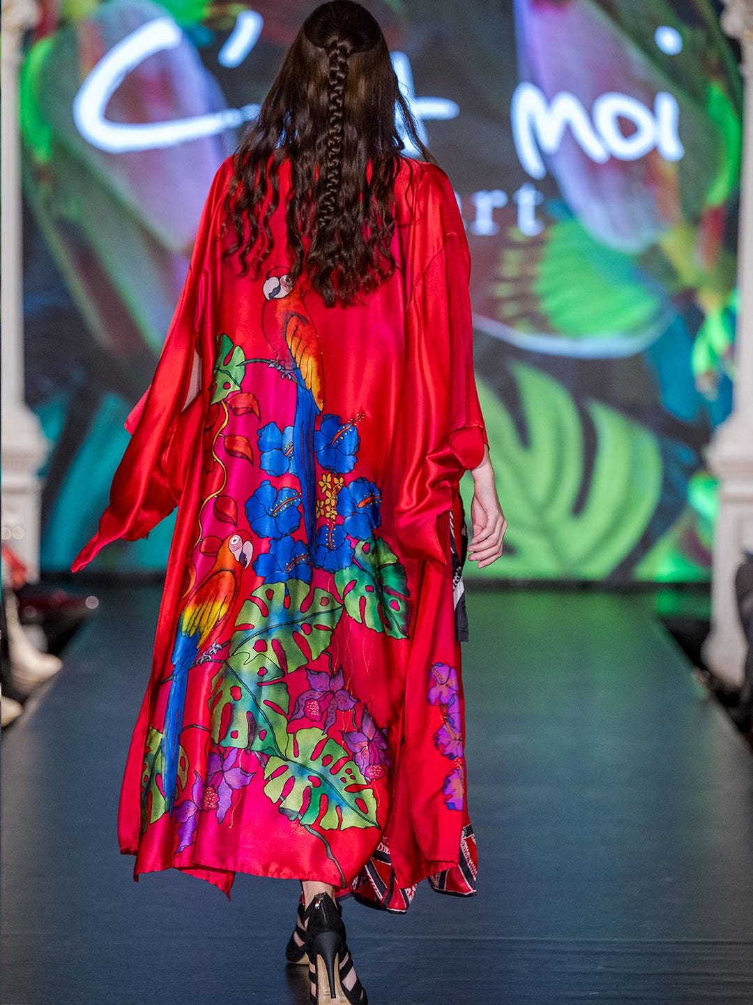 Red Hand-painted Silk Kimono With Parrot Motif – Tropical Summer Cover ...