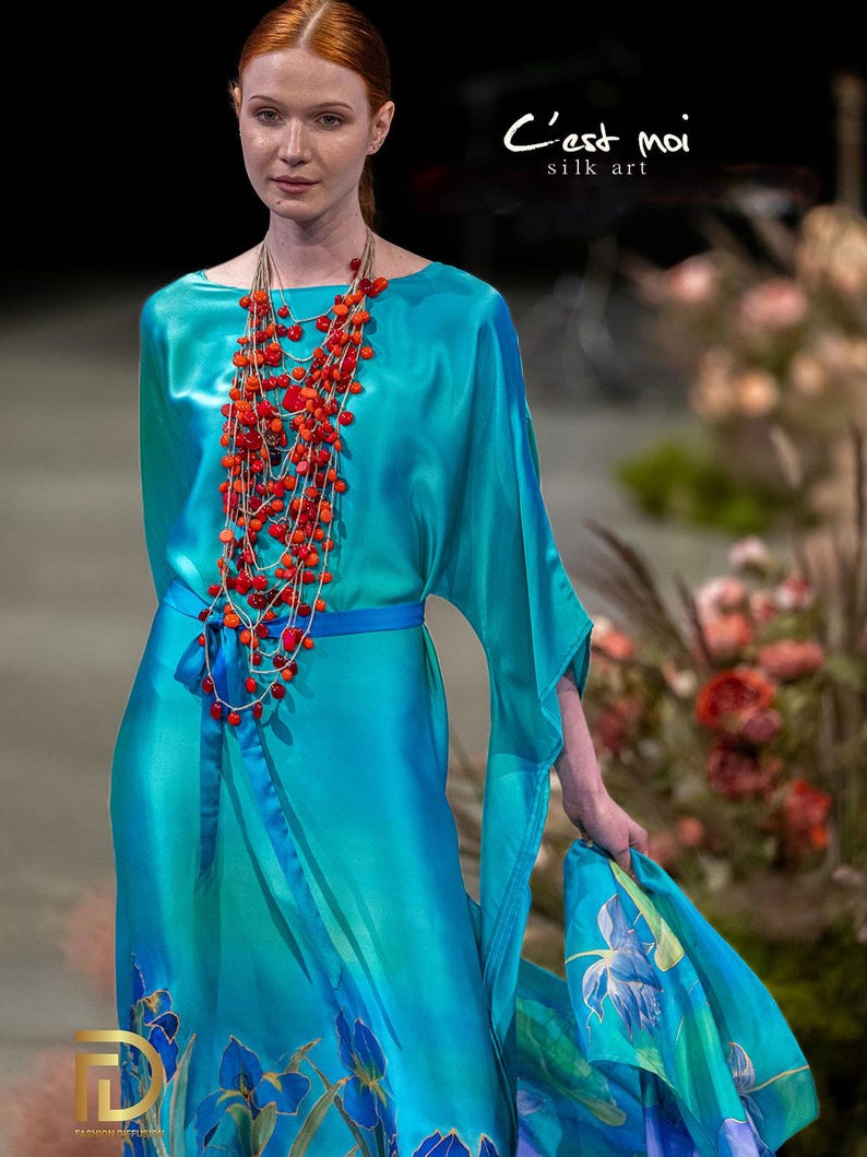 Hand-painted Silk Dress: Turquoise Iris Flower Kaftan - One of a Kind ...