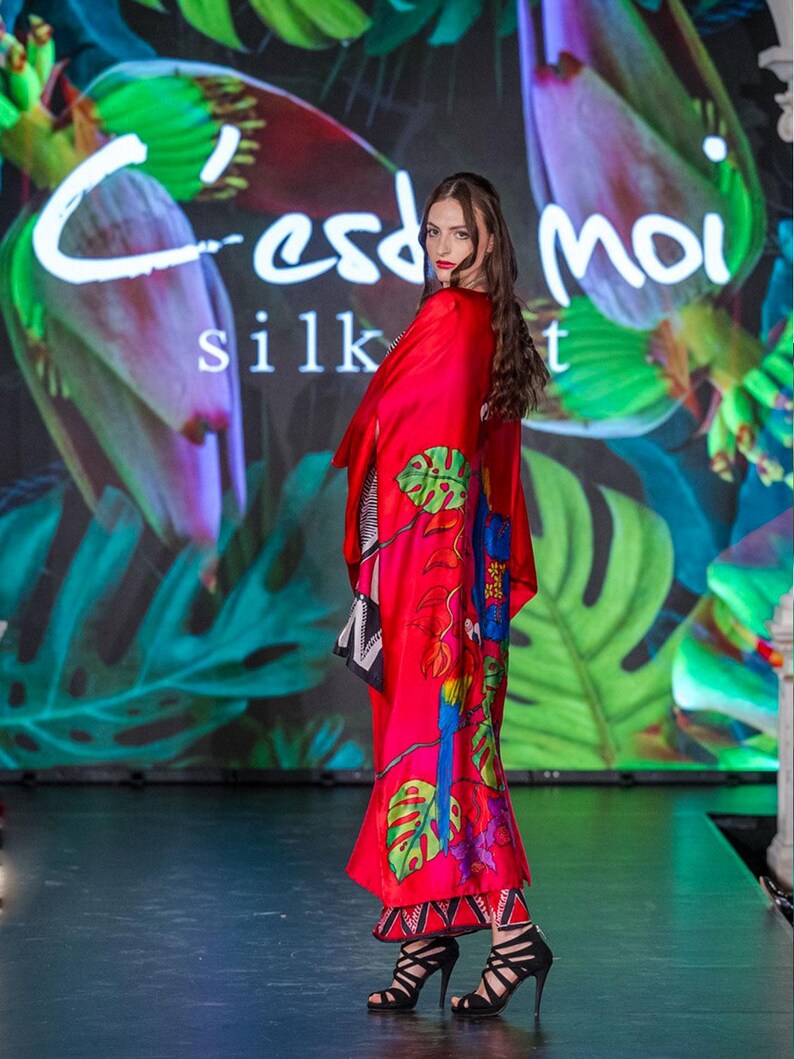 Red Hand-painted Silk Kimono With Parrot Motif – Tropical Summer Cover ...