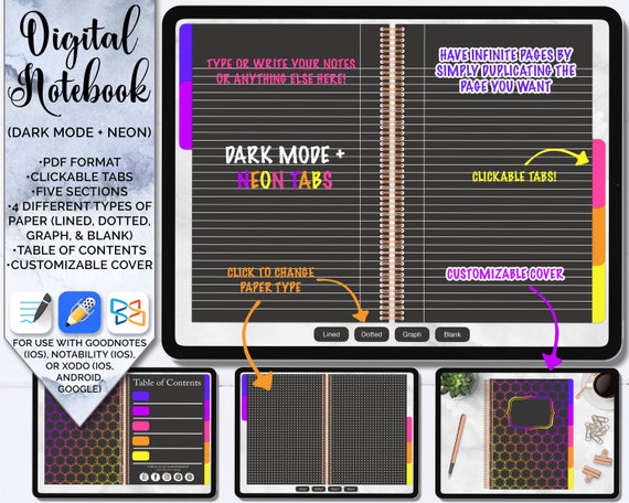 Dark Mode Digital Notebook five Subjects Hyperlinked for - Etsy