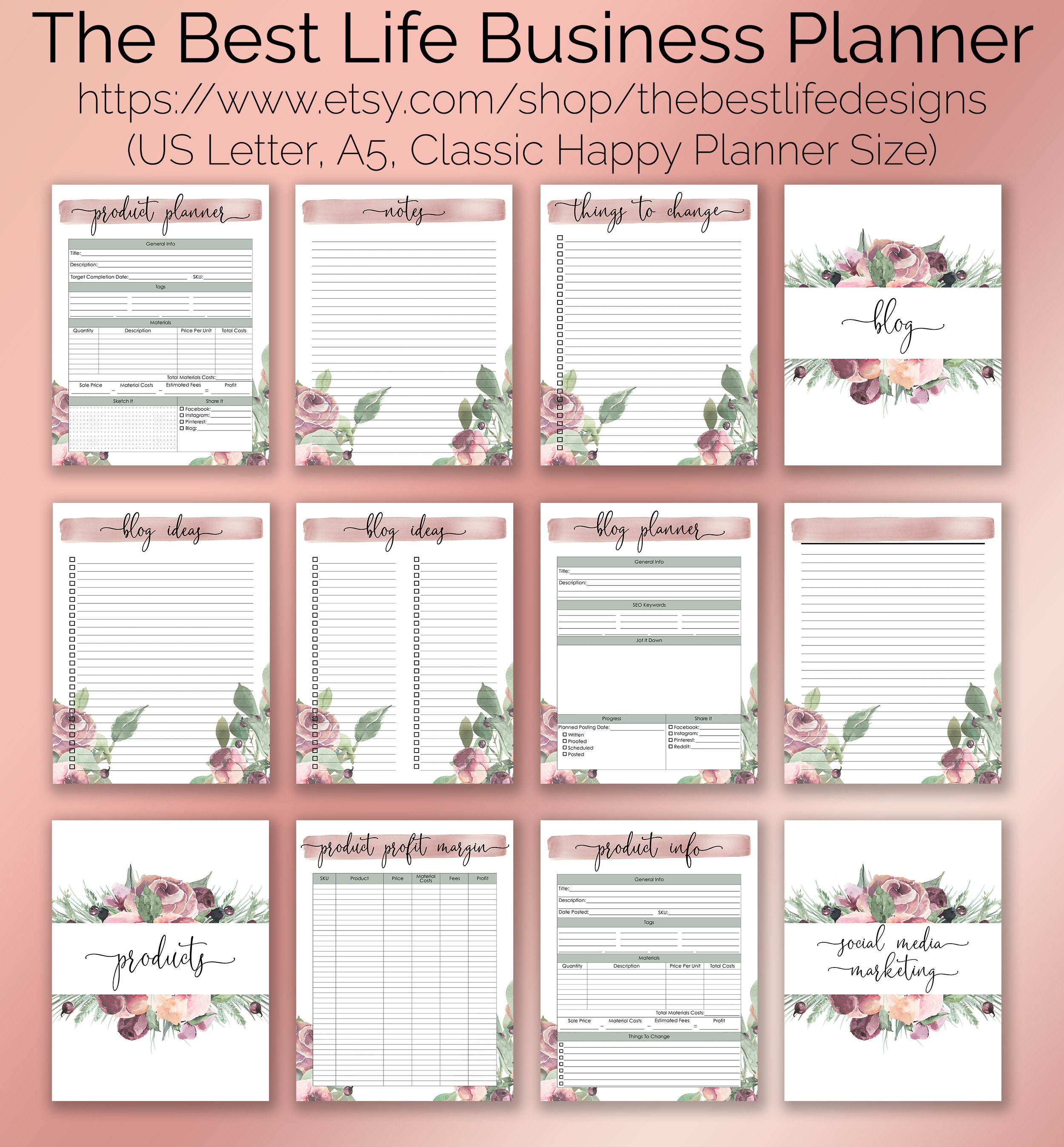 CUSTOMIZABLE Business Planner/binder Printables Bookkeeping Blogging ...