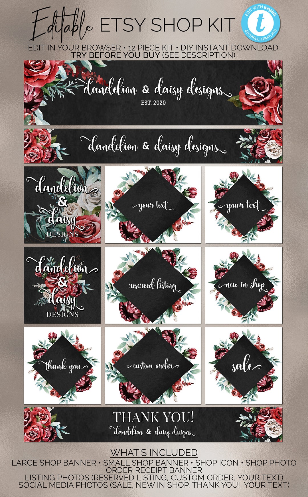 12pc DIY EDITABLE Etsy Shop Kit Template edit in Your Browser on ...