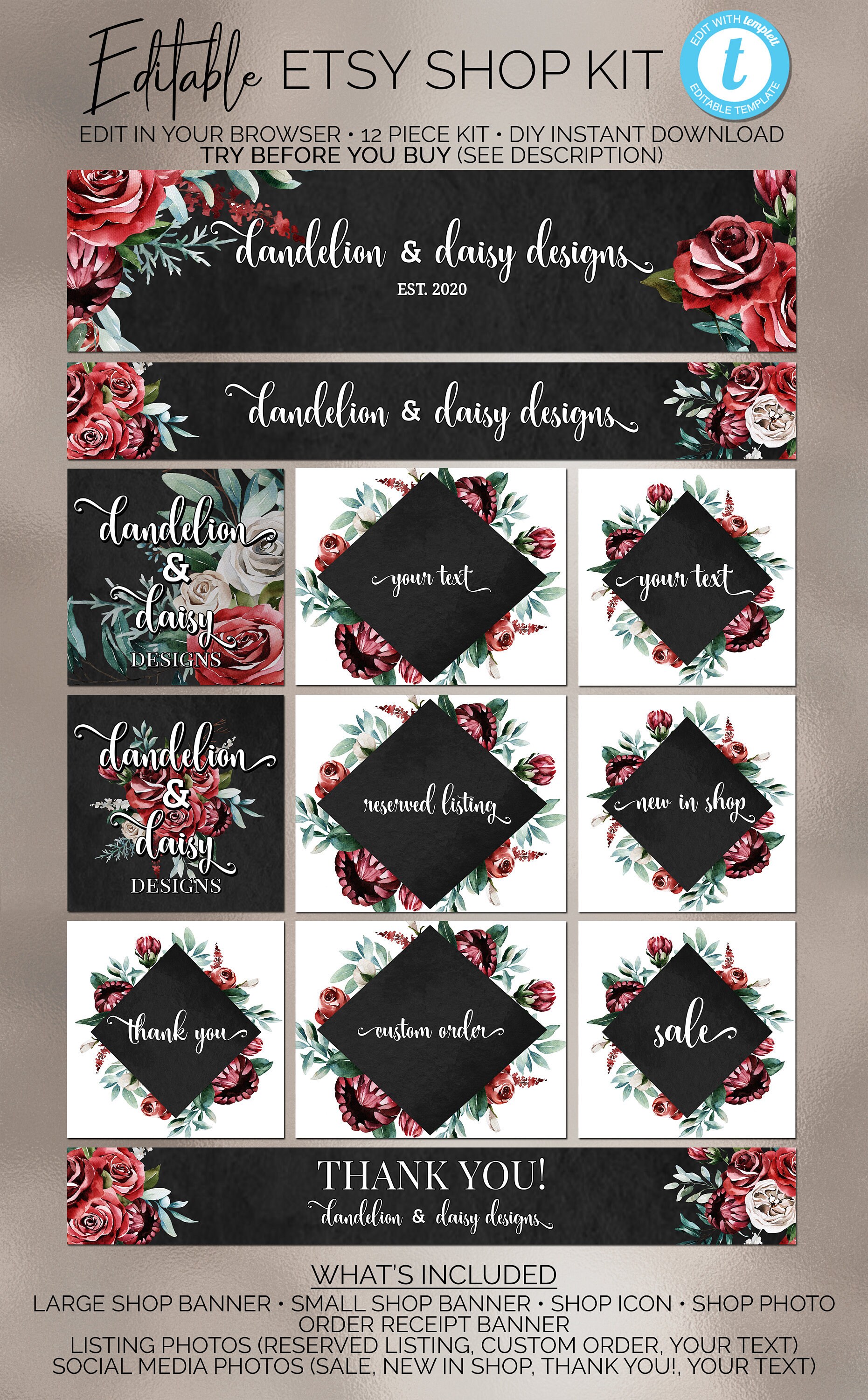 12pc DIY EDITABLE Etsy Shop Kit Template edit in Your Browser on ...