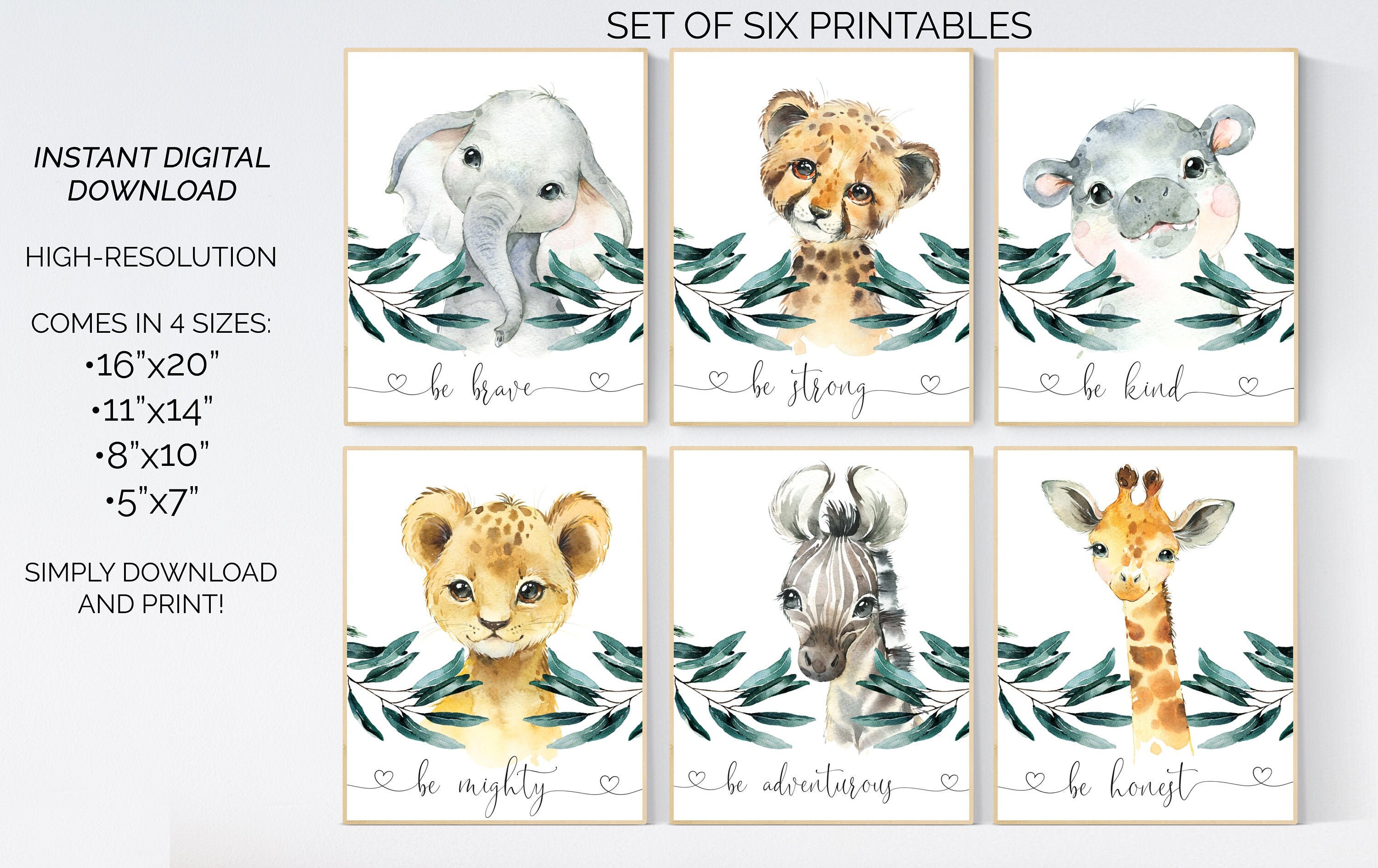 Printable Jungle Safari Nursery Animals Set of Six Prints Home - Etsy