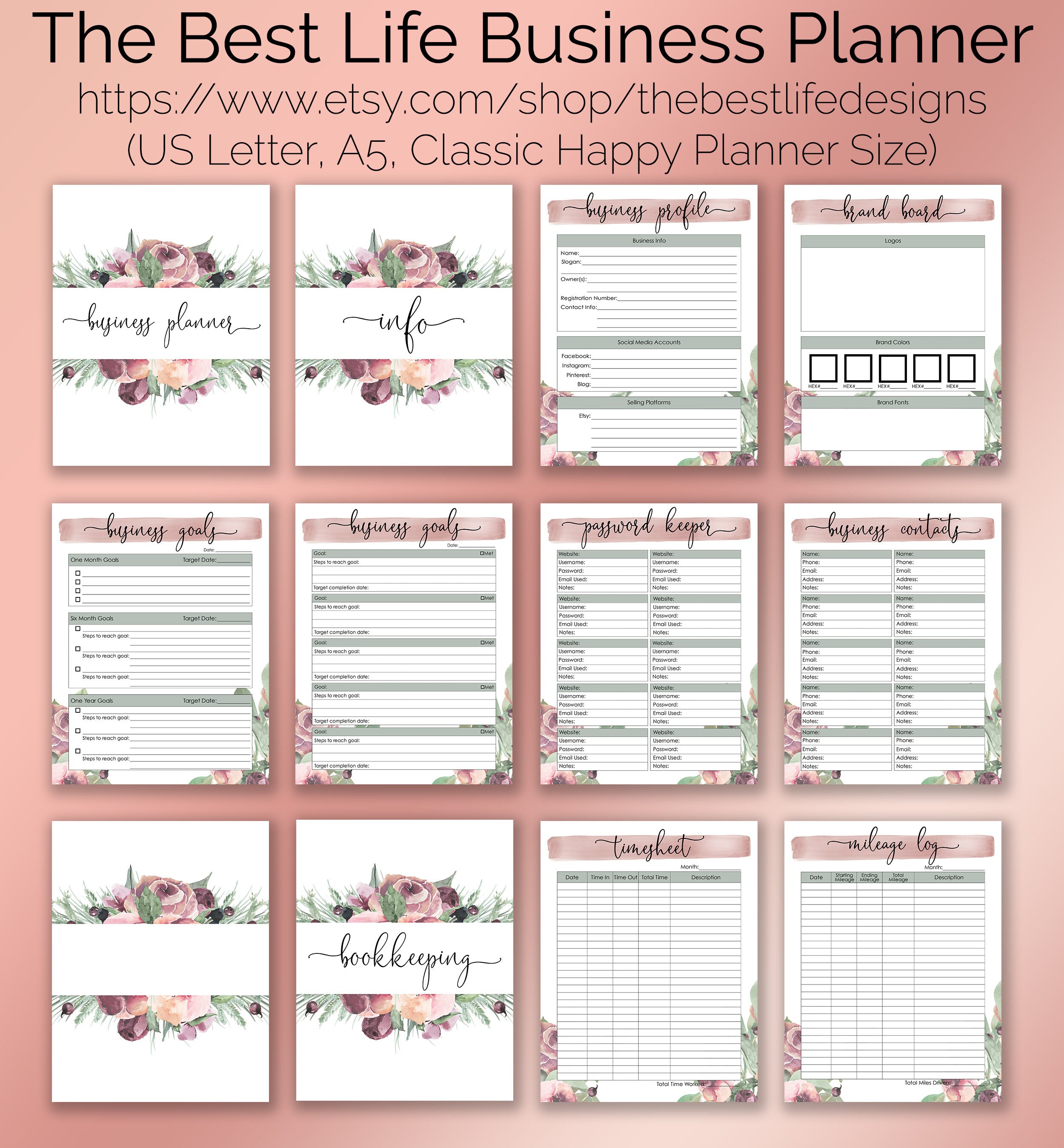CUSTOMIZABLE Business Planner/binder Printables Bookkeeping Blogging ...