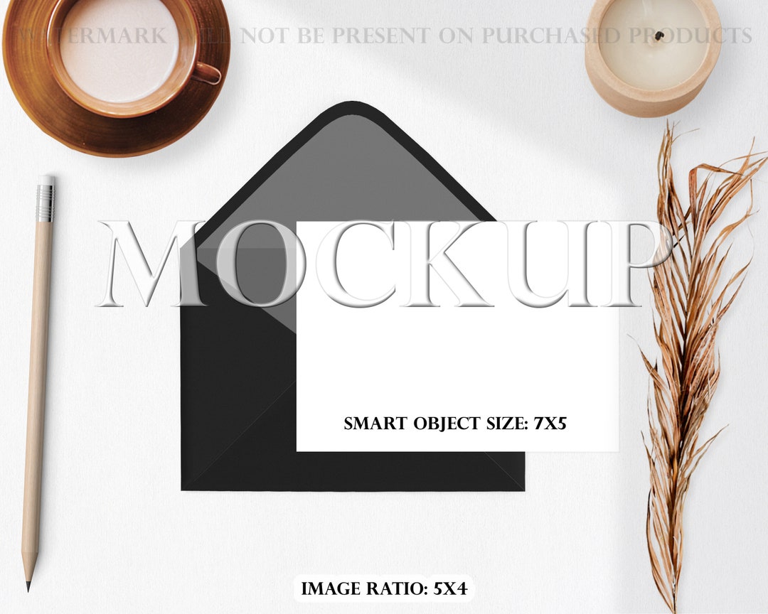 7x5 Paper Envelope Mockup With Workspace Desk Top View 5x4 Ratio, 4x3 ...