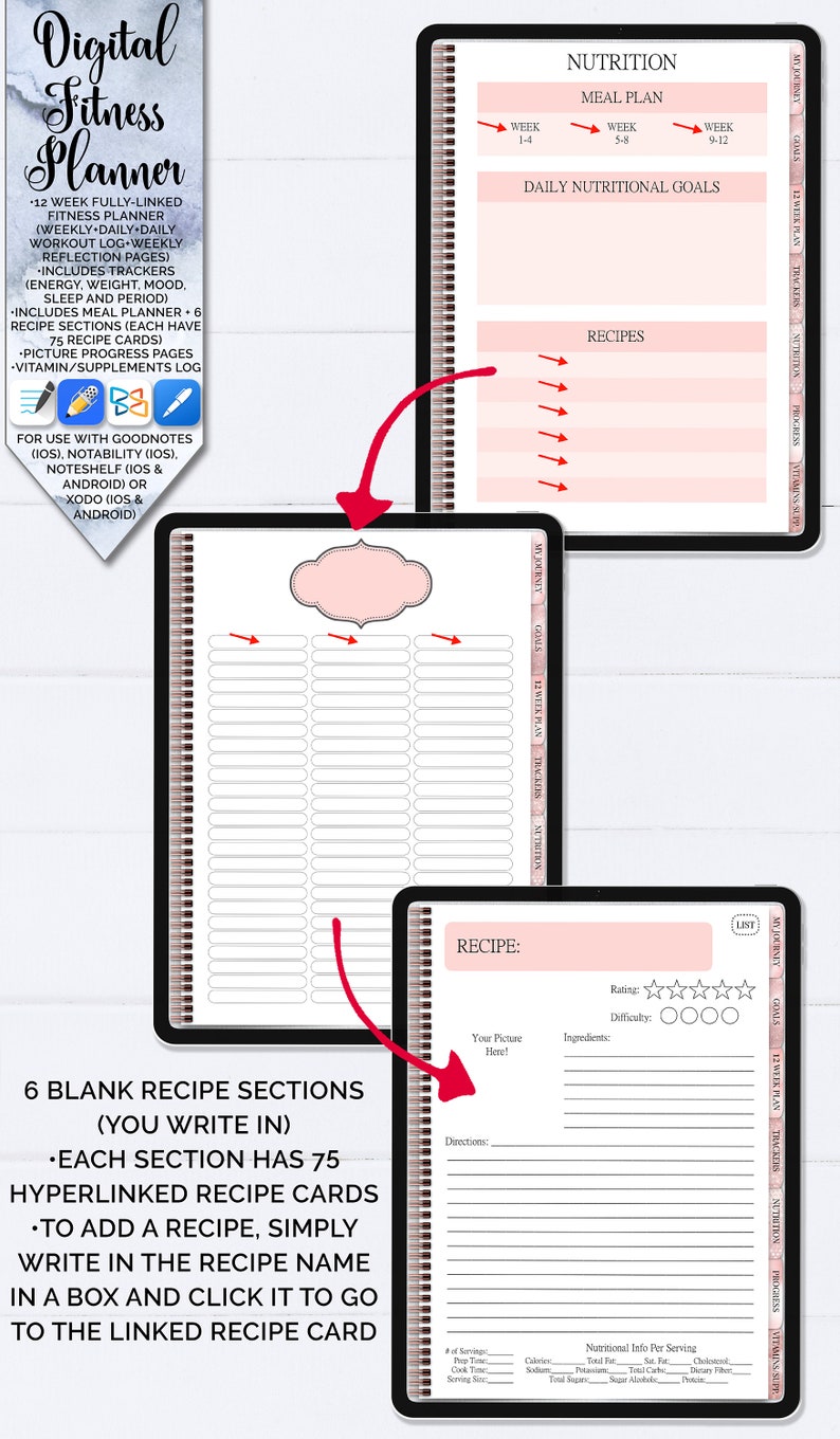 Digital Fitness Planner 12 Week Plan + Meal Planner + Recipe Keeper ...