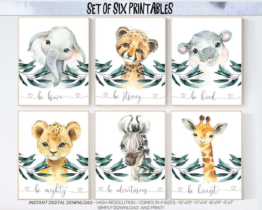 Printable Jungle Safari Nursery Animals Set of Six Prints Home Wall Art ...