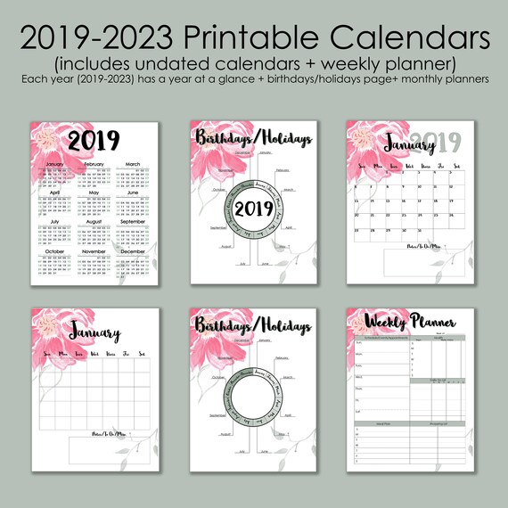2019 2023 Monthly Printable Calendars Floral Edition Instant Etsy
