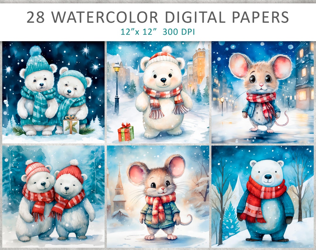 28 Bear Digital Papers, Watercolor Paper, Winter Digital Paper, Junk ...