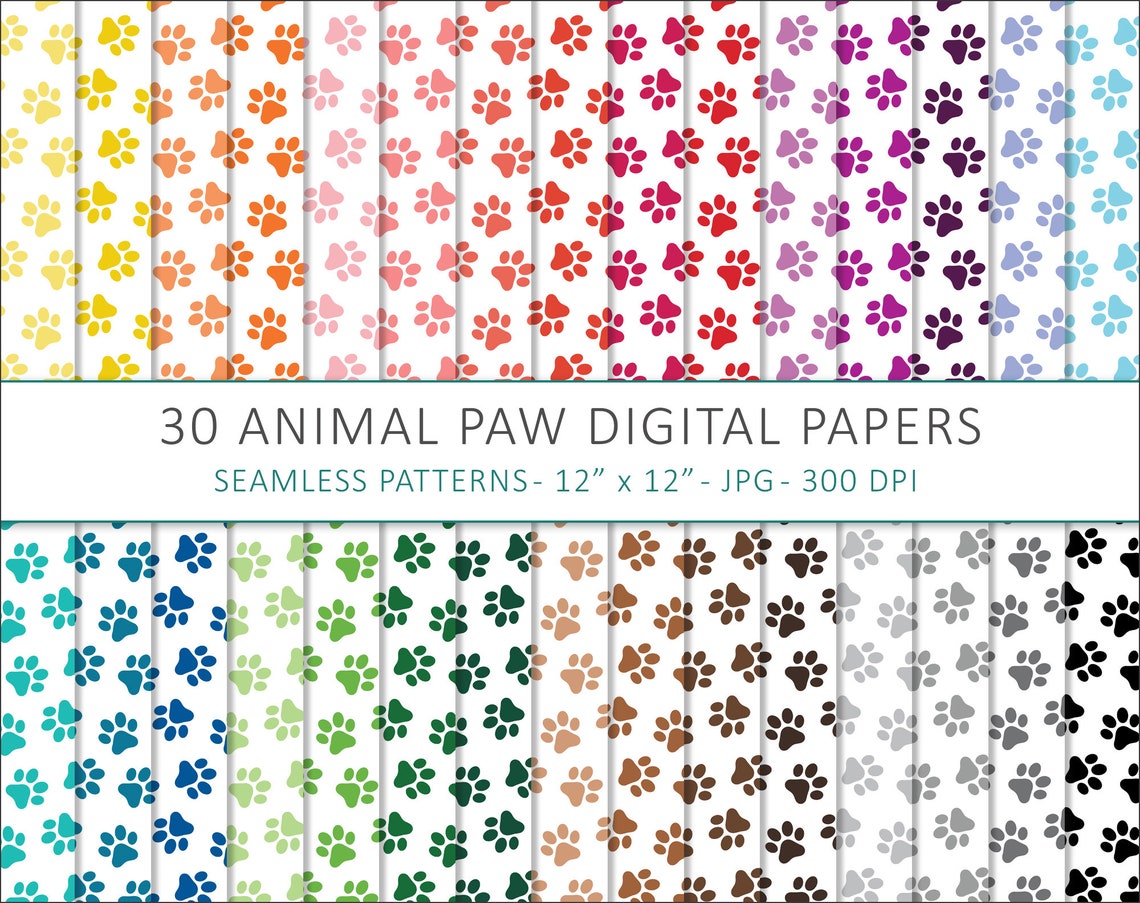 Colored Paw Prints Digital Paper, Animal Paw Digital Paper, Paw Pattern ...