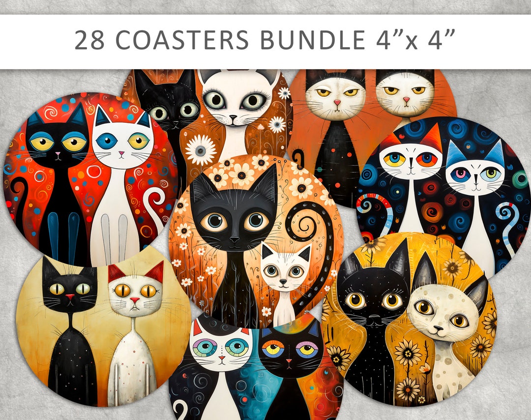 Cat Illustration Round Coaster Bundle, Printable 4 Inch, Craft Projects ...