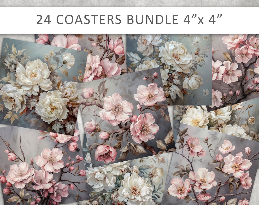 Floral Square Coaster Bundle, Printable 4x4 Coaster, Square Coaster PNG ...