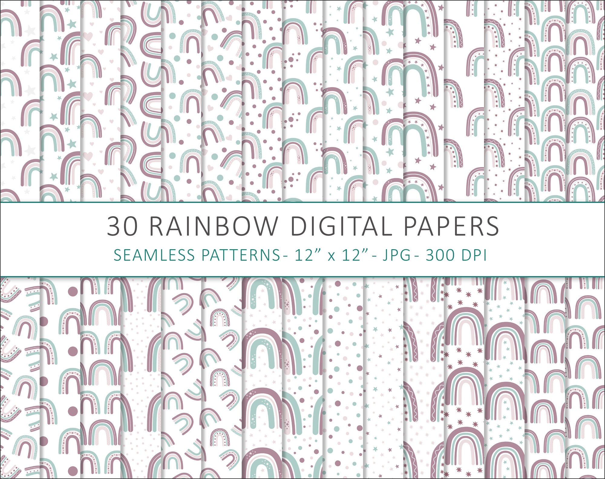 Rainbow Digital Paper Pack, Baby Rainbow Paper Set, Seamless Pattern ...