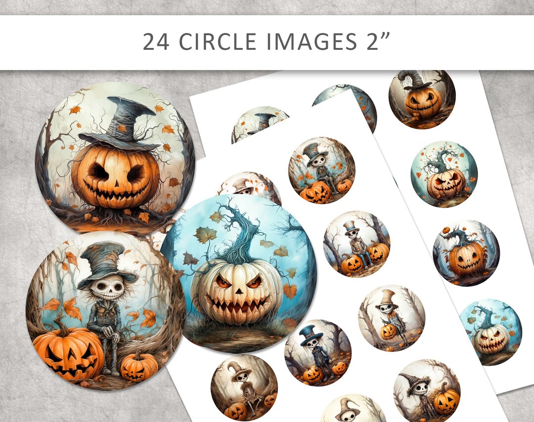 24 Halloween Circle Images: Pumpkin & Skeleton Designs (digital Collage ...