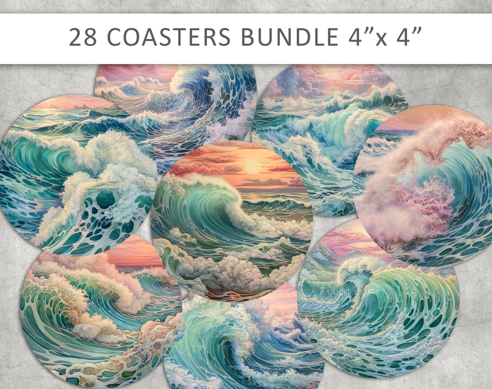 Sea Waves Printable 4 Inch, Circles for Coasters, Kitchen Decor, Sea ...